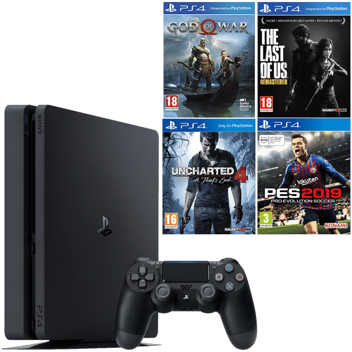 PS4 Slim 500 Go + 4 jeux (God of War, TLOU, Uncharted 4, PES 2019 ...